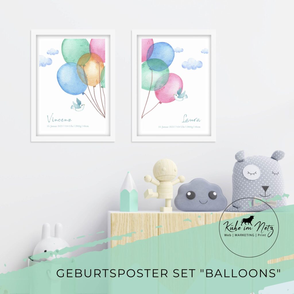 Geburtsposter Luftballons – Personalisiertes Geschwister Set